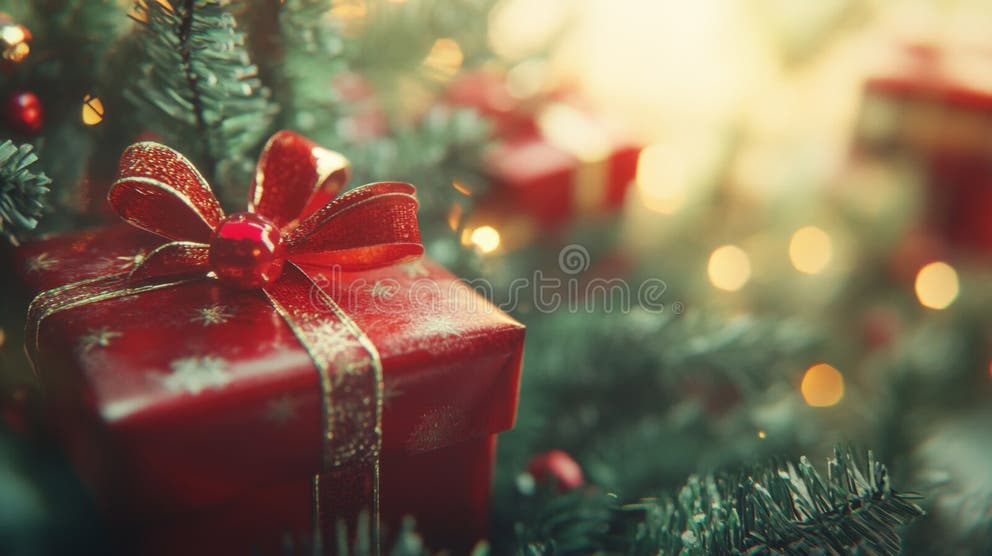 Red Gift Box Under Christmas Tree Lights Stock Illustration ...