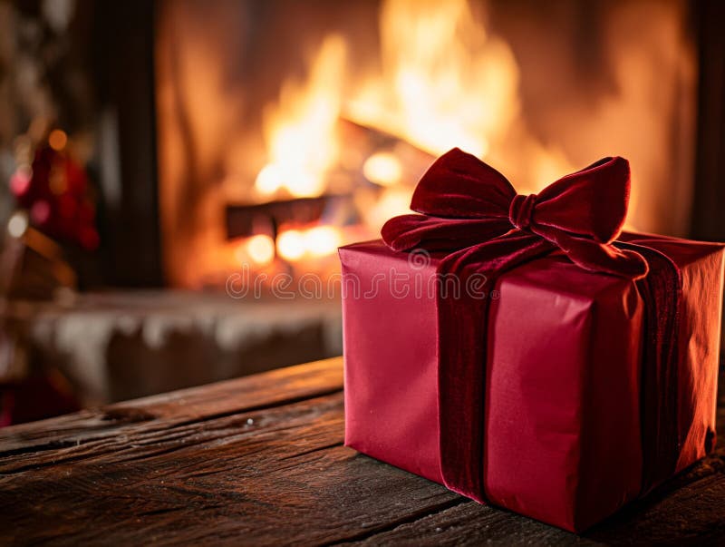 Red Gift Box with Velvet Bow on Wooden Table in Front of a Fireplace ...