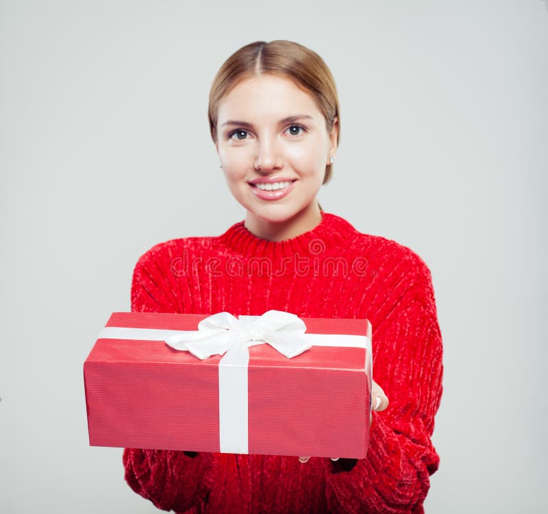 Red Gift Box with White Silky Ribbon in Female Hand Stock Image - Image ...
