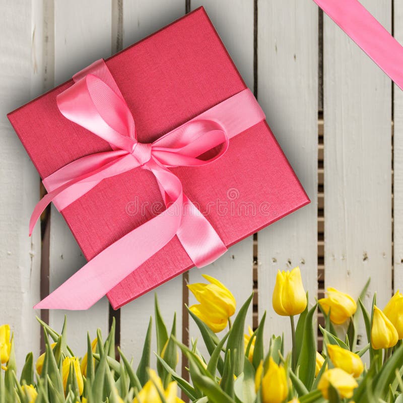 Red Gift Box with Yellow Tulips Stock Photo - Image of present, gift ...