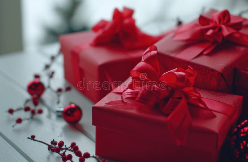 Red gift boxes and bow stock photo. Image of lovely - 305979152