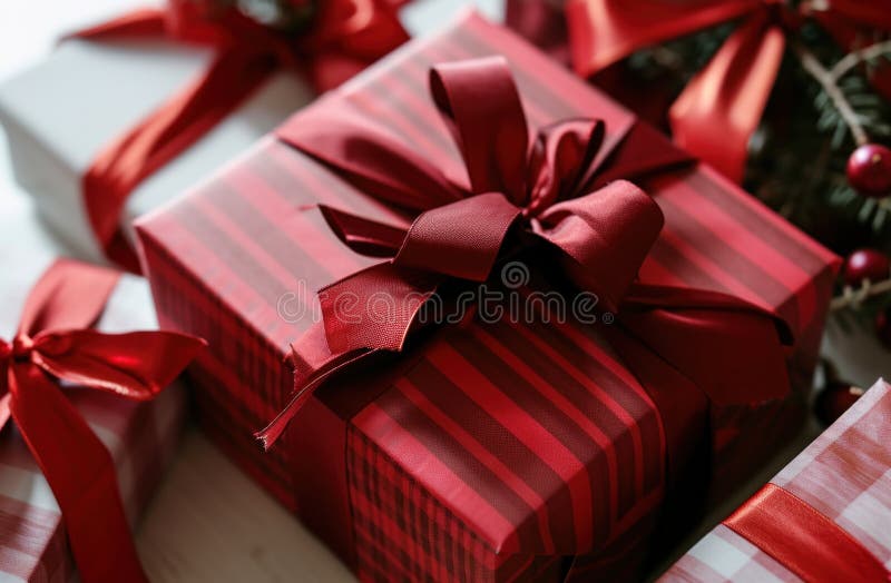 Red gift boxes and bow stock photo. Image of ribbon - 305998780
