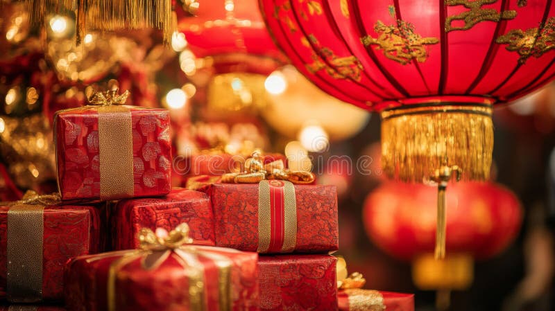 Red Gift Boxes and a Chinese Lantern Decorated with Gold Trim Stock ...