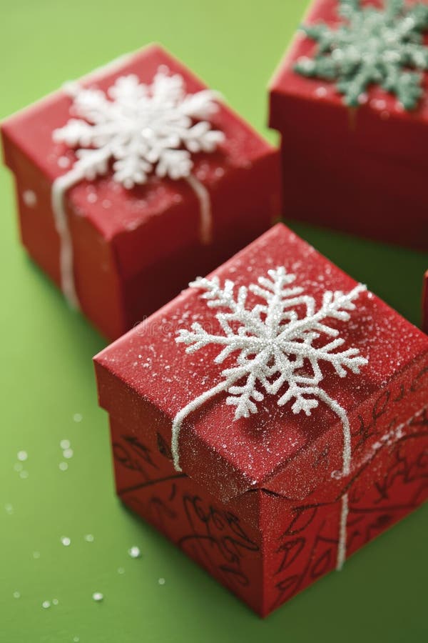 Red Gift Boxes with Delicate Snowflake Decorations Sit Against a Bright ...