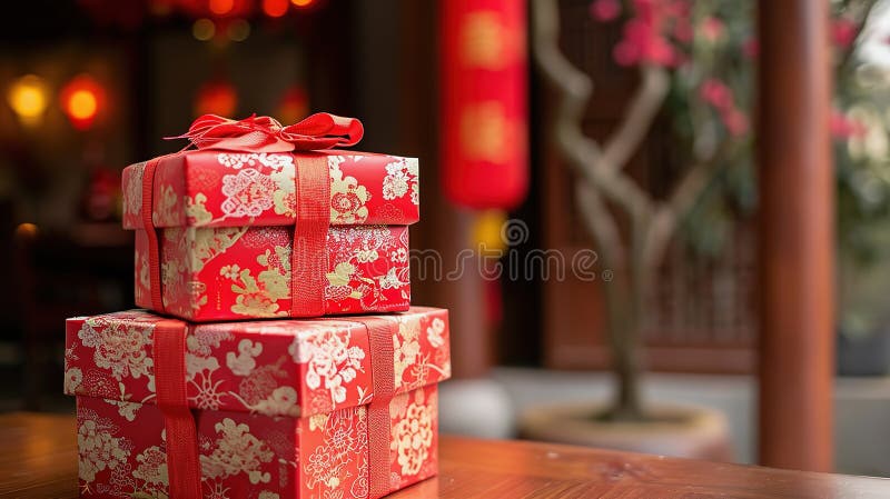 Red Gift Boxes with Elegant Golden Patterns on Table Stock Image ...