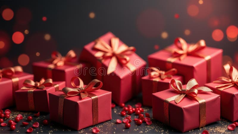 Red Gift Boxes with Gold Ribbons on Dark Background Stock Illustration ...
