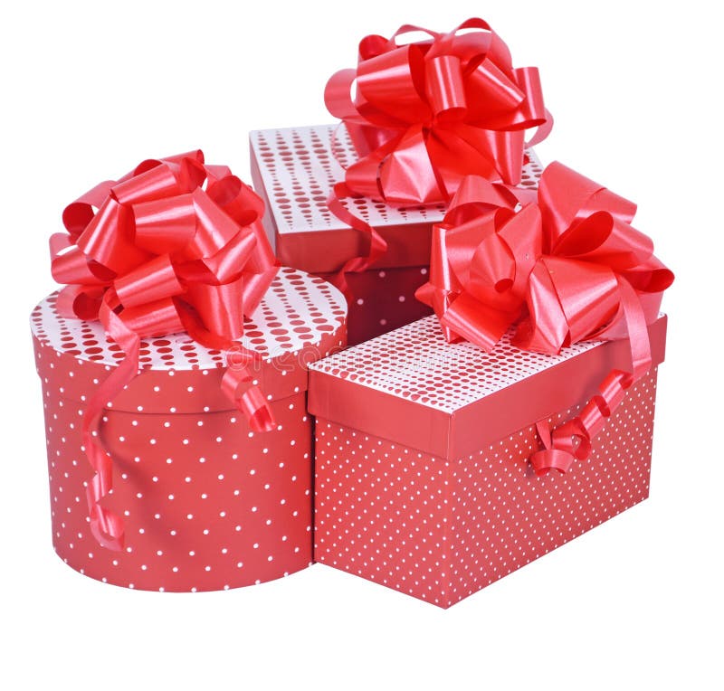 Red Gift Boxes with Ribbon Bow Isolated on White Stock Image - Image of ...