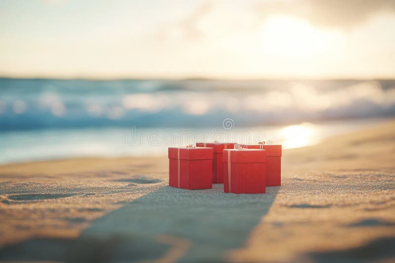 Red Gift Boxes on Sandy Beach Stock Image - Image of summertime ...