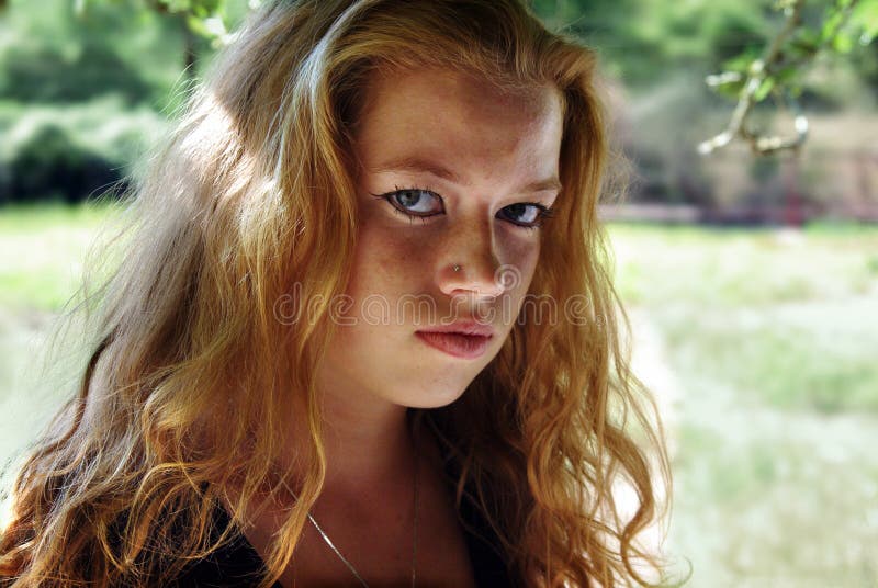 Red girl serious face stock photo. Image of tree, retro - 39839482