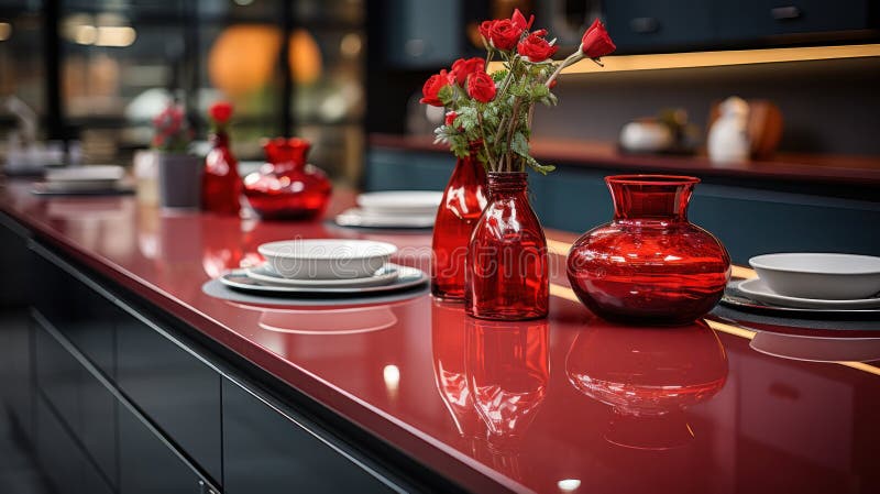 Red Glance Kitchen in Modern Style with Light Worktop with Kitchen ...