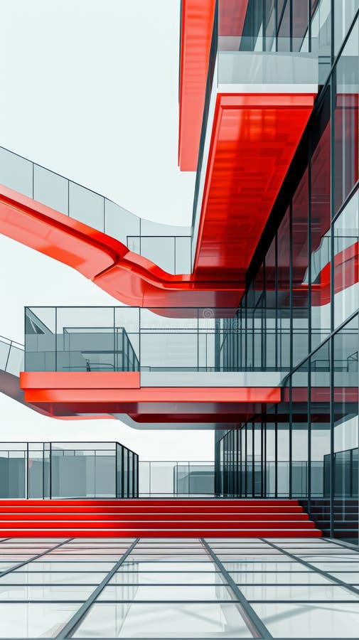 Red and Glass Futuristic Architectural Design with Elevated Platforms ...