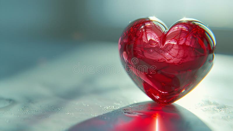Red Glass Heart Reflections on Wet Surface with Soft Gray Background ...