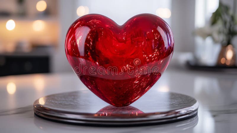 Red Glass Heart on Reflective Surface Stock Illustration - Illustration ...