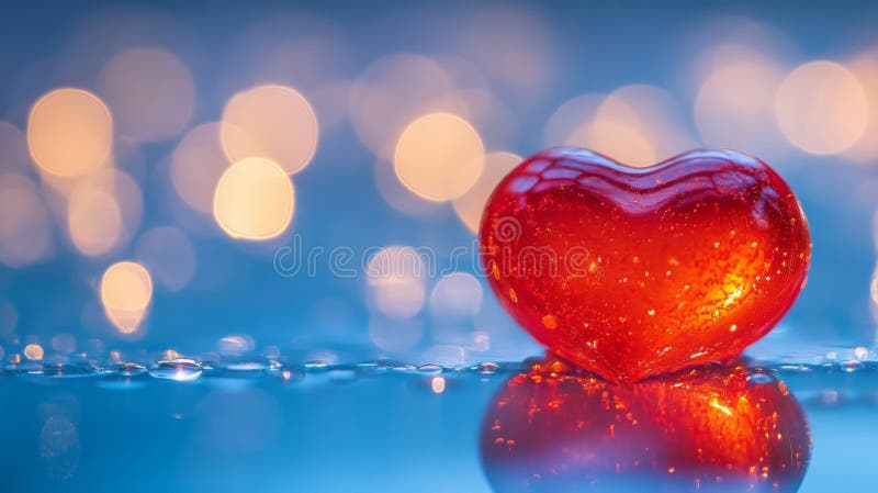 A Red Glass Heart Reflects in Blue Water with Lights Stock Illustration ...