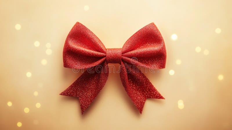 Red Glitter Bow on a Light Beige Background with Golden Bokeh Stock ...