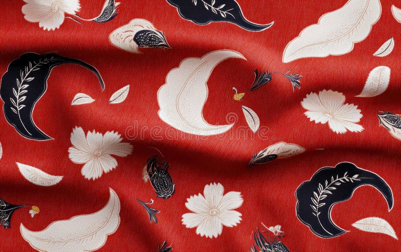 Red Glitter Fabric with White and Black Floral and Crescent Moon ...