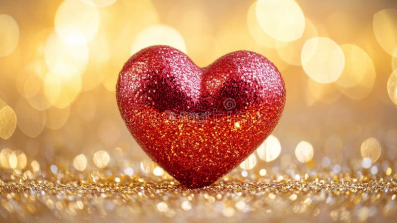Red Glitter Heart on Gold Background with Bokeh Lights Stock ...