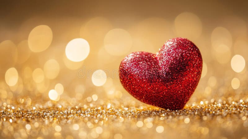 Red Glitter Heart on Gold Sparkling Background Stock Illustration ...