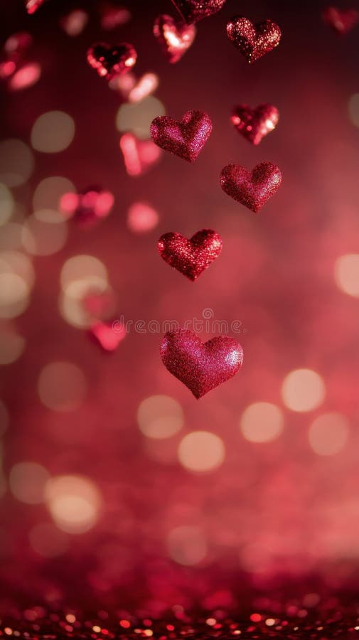 Red Glitter Hearts Suspended in a Romantic Setting with Blurred Lights ...