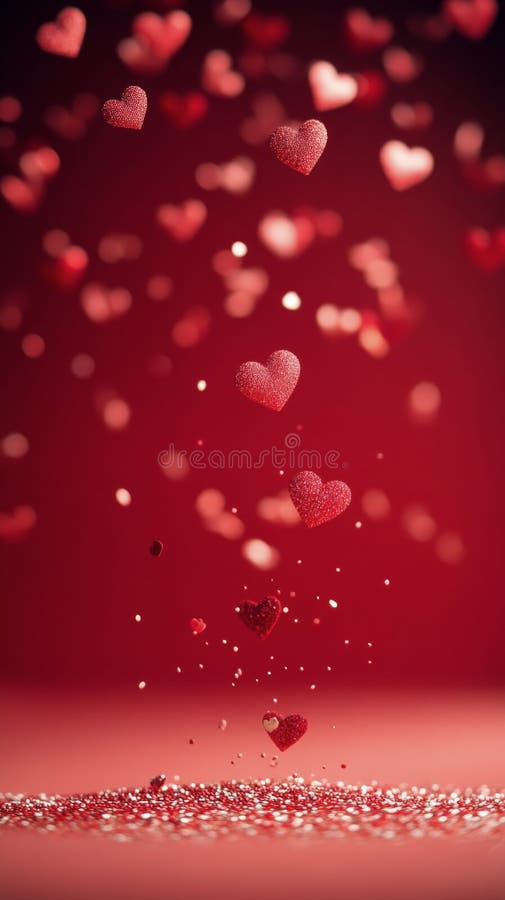 Red Glitter Hearts Suspended in a Romantic Setting with Blurred Lights ...