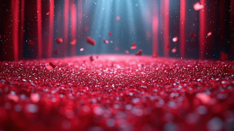 Red Glitter Sparkles on Stage with Falling Petals and Dramatic Lighting ...