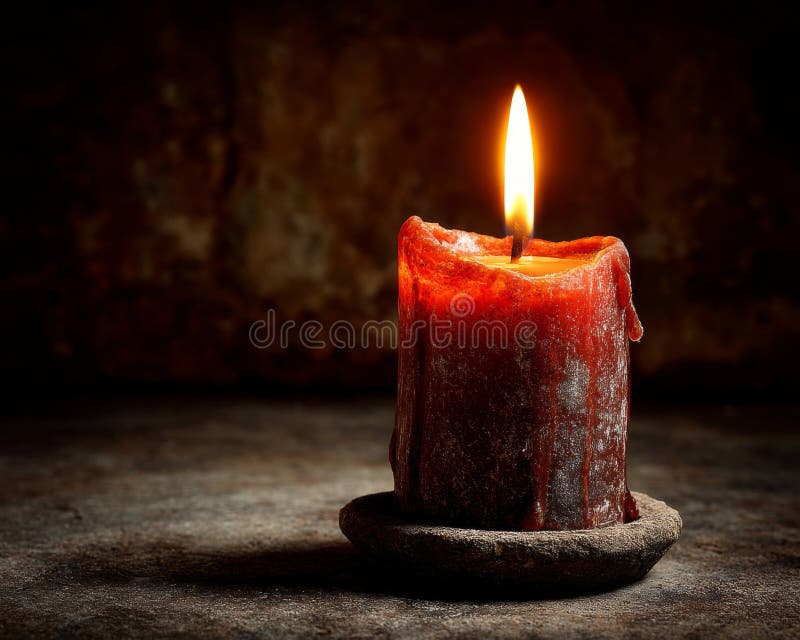 Red Glittery Candle Burning on Rustic Surface Stock Illustration ...