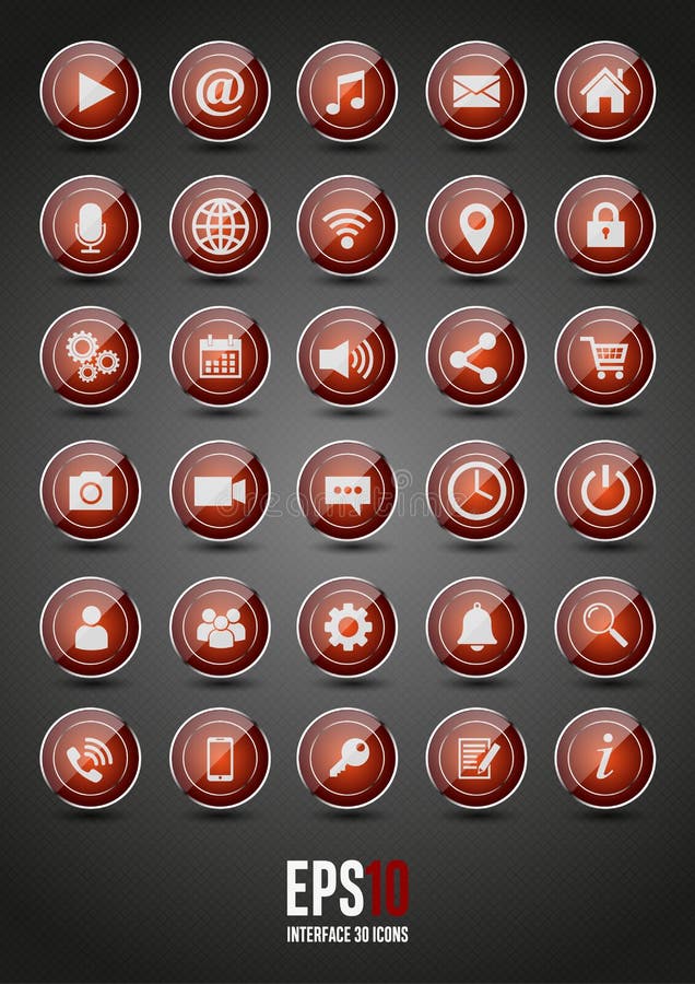 30 Red Glossy Interface Icons Stock Vector - Illustration of mail ...
