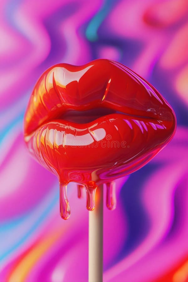 Red Glossy Lips Lollipop Melting on Colorful Background Stock Photo ...