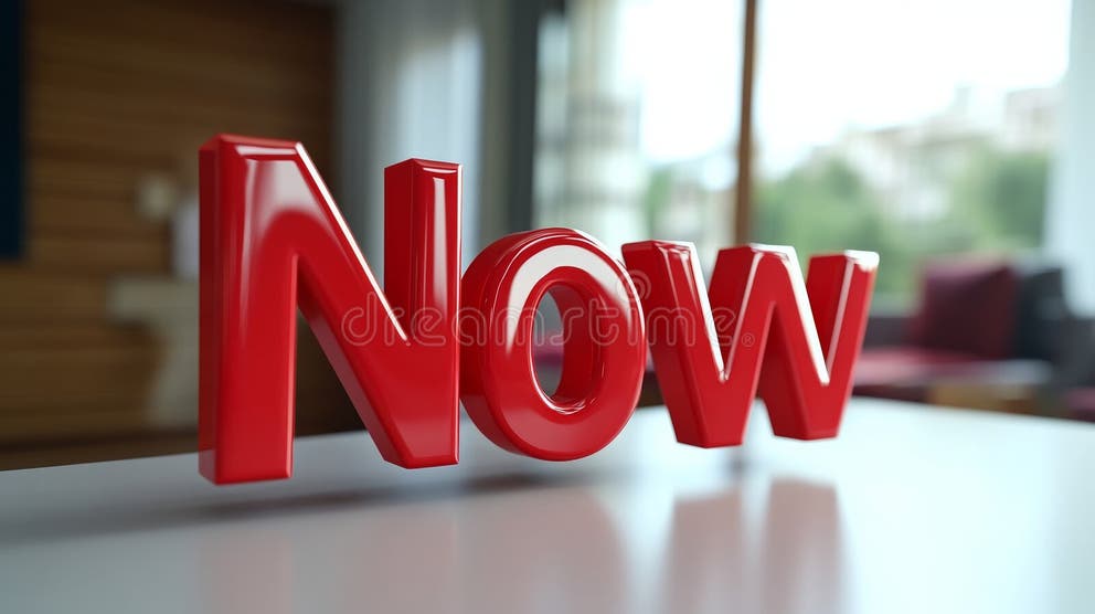 Red Glossy Now Letters on White Surface in Modern Interior, Time ...