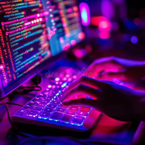 The Red Glow of a Computer Keyboard is Visible As a Person Types Stock ...