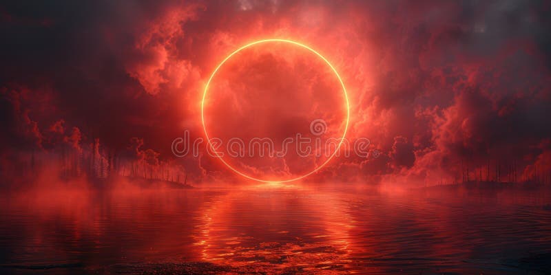 Red Glow Ring Over Lake. Created by Generative Artificial Intelligence ...