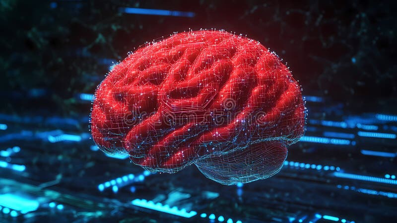 Red Glowing Artificial Intelligence Brain Processing Data on ...