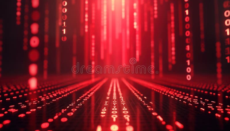 Red Glowing Binary Code Streams Down Futuristic Dark Space. Digital Data Flows in Dynamic ...
