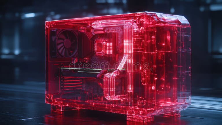 Red Glowing Computer Case. Internal Components Visible. Clear Plastic ...