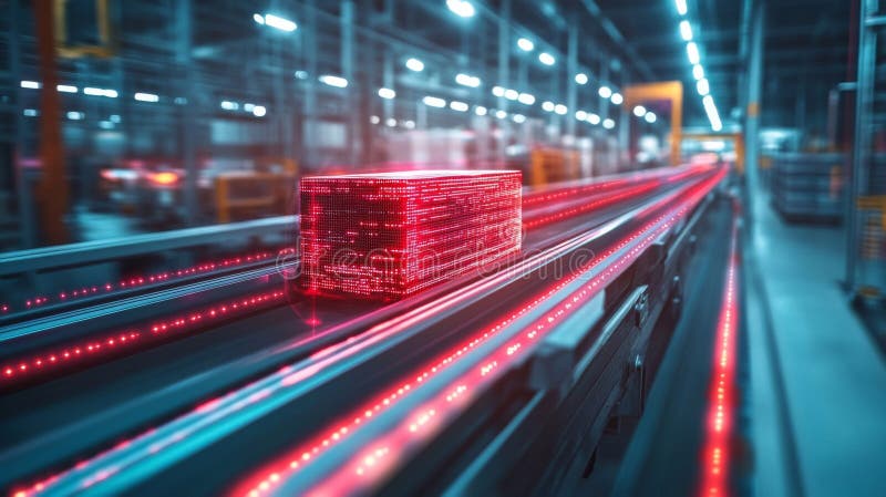 Red Glowing Cube Moving on a Conveyor Belt in a Futuristic Factory ...