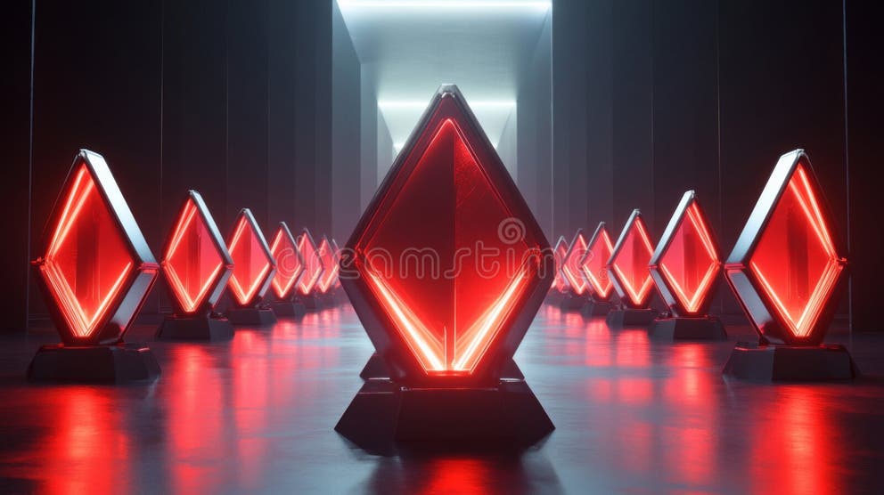 Red Glowing Diamond Lights in Dark Corridor Stock Illustration ...