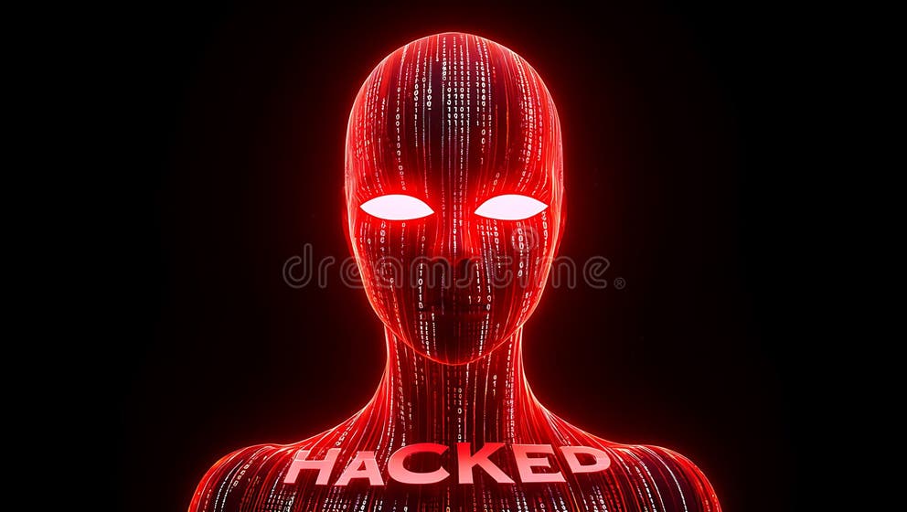 Red Digital Humanoid with Binary Code and the Word H a C K E D Stock ...