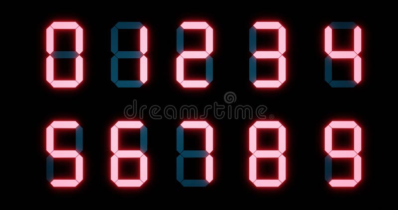 Red Glowing Digital Numbers Zero through Nine with Metallic Outline ...
