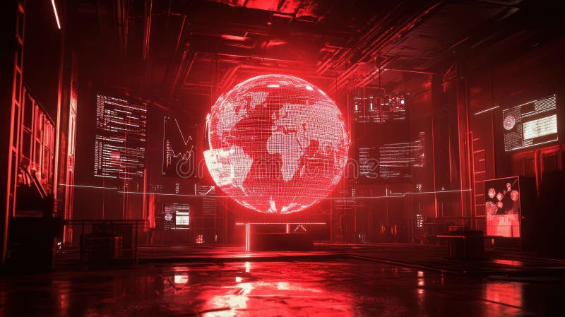 Red Glowing Globe in Futuristic Control Room Stock Illustration ...
