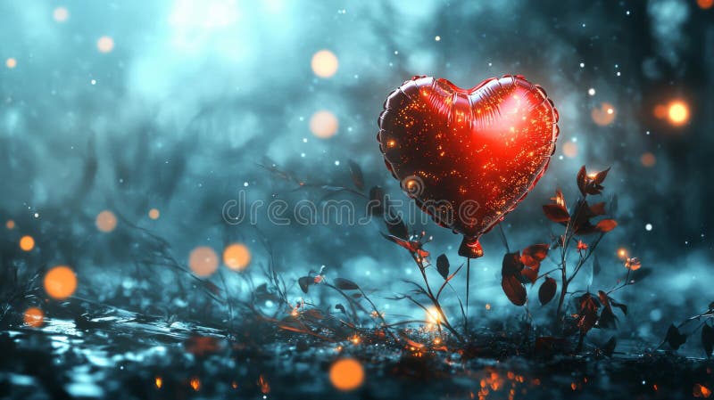 Red Glowing Heart Balloon in Dark Forest at Night Stock Illustration ...