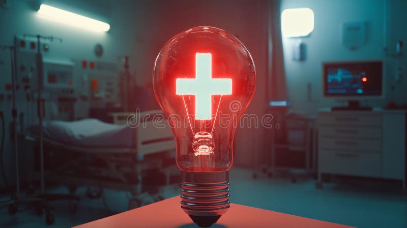 Red Glowing Lightbulb with Cross in Hospital Room Stock Illustration ...