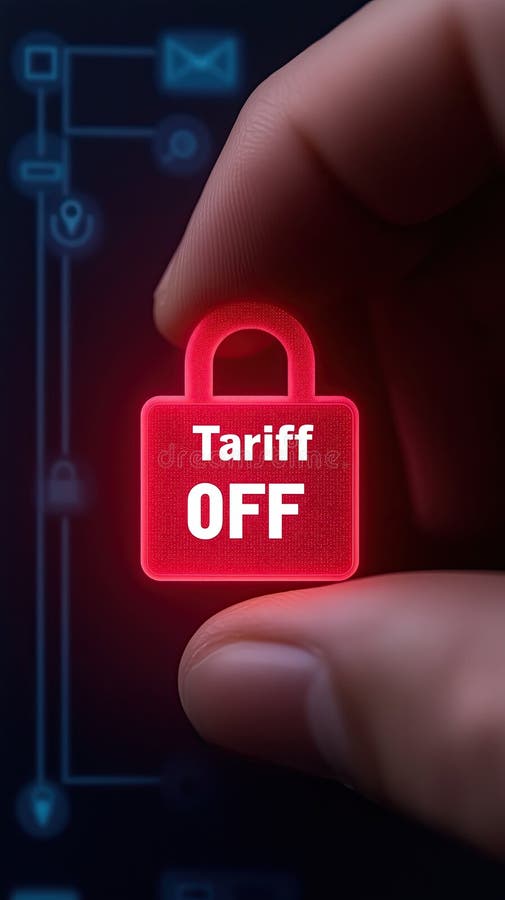 Red Glowing Lock with Word Tariff Off, Hand Pressing Button, Digital ...