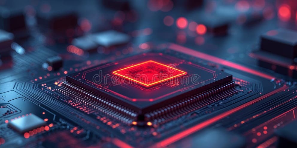 Red Glowing Microchip on Dark Circuit Board. Stock Photo - Image of ...