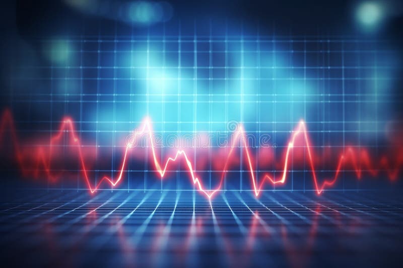 Red Glowing Neon Line of Chart, Electrocardiogram, Waveform on Blue ...