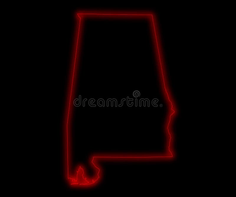 Red Glowing Neon Map of Alabama State in Black Background Stock ...
