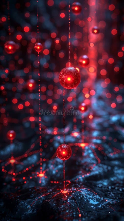 Red Glowing Orbs Aligned on Strings Over a Dark Tech Surface, Suitable ...
