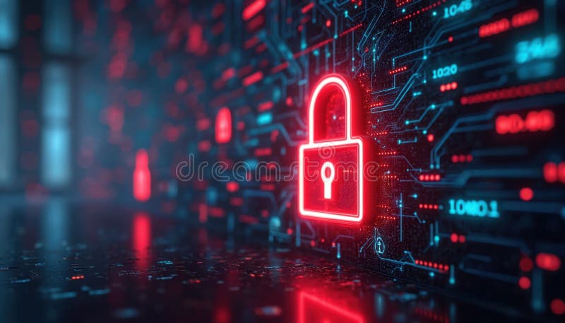 Red Glowing Padlock, Digital Breach Visual. Futuristic Tech Concept ...
