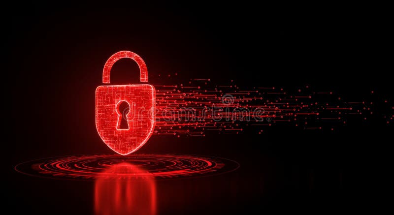 Red Glowing Padlock Standing on a Digital Circuit with Data Streams ...