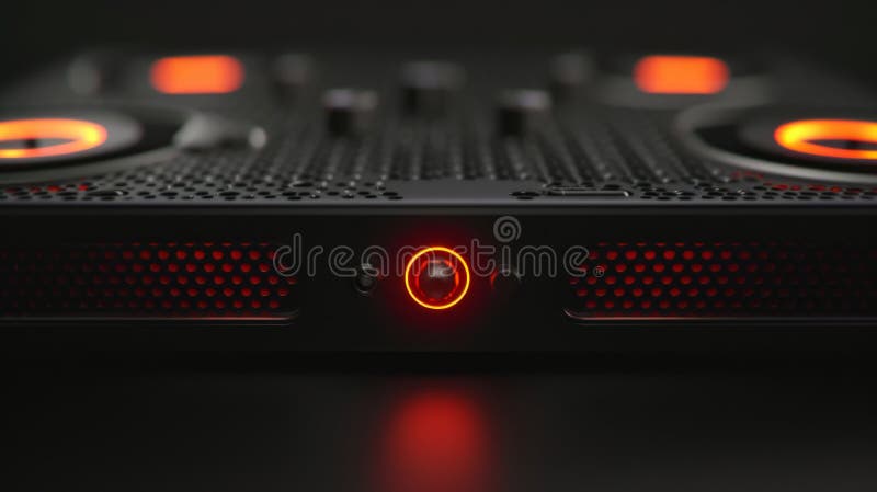 Red Glowing Power Button on Modern Audio System Stock Image - Image of ...