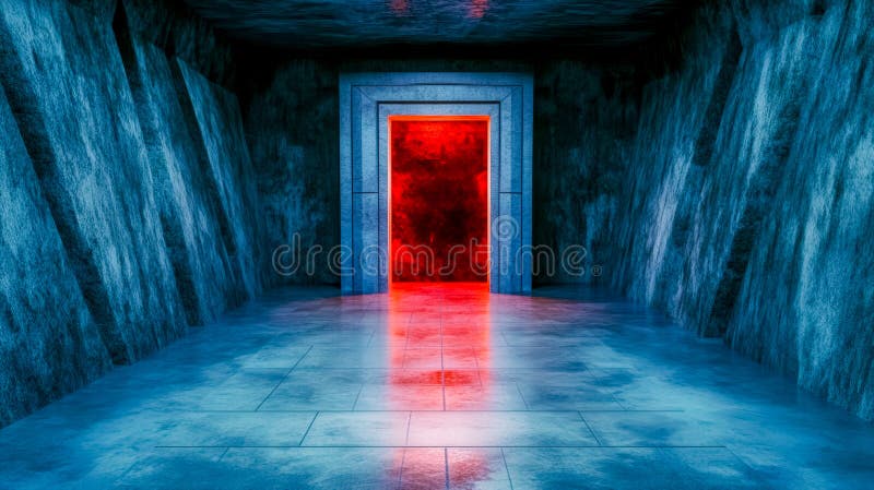 Red Glowing Rectangular Doorway Illuminating Bunker Corridor Stock ...